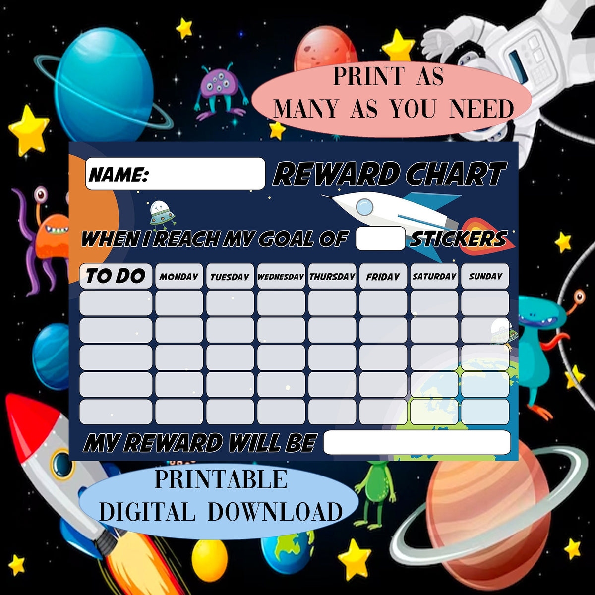 Printable Space Rocket Potty Training Star Behaviour Reward Chart, Dig ...